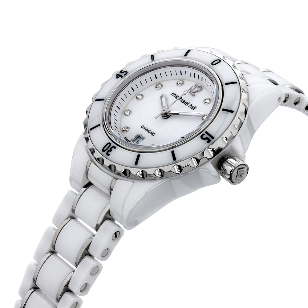 Ladies Watch with Diamonds in White Ceramic & Stainless Steel