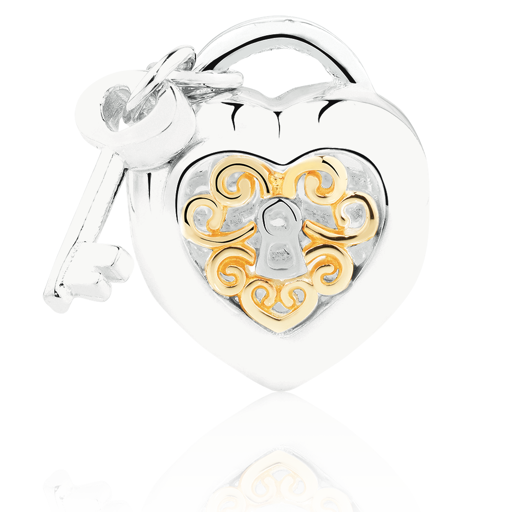 Heart Locket & Key Charm in Sterling Silver & 10ct Yellow Gold